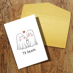 Qiliji Cute Ghost Wedding Card, Halloween Anniversary Card for Couple, Bridal Shower Card for Bride, Engagement Card for Friend, Valentine's Day Card for Husband Wife, Til Death Greeting Card