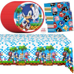 sonic the hedgehog birthday party supplies, plates, napkins for 16, table cover | sonic birthday party decorations | sonic party decorations | officially licensed