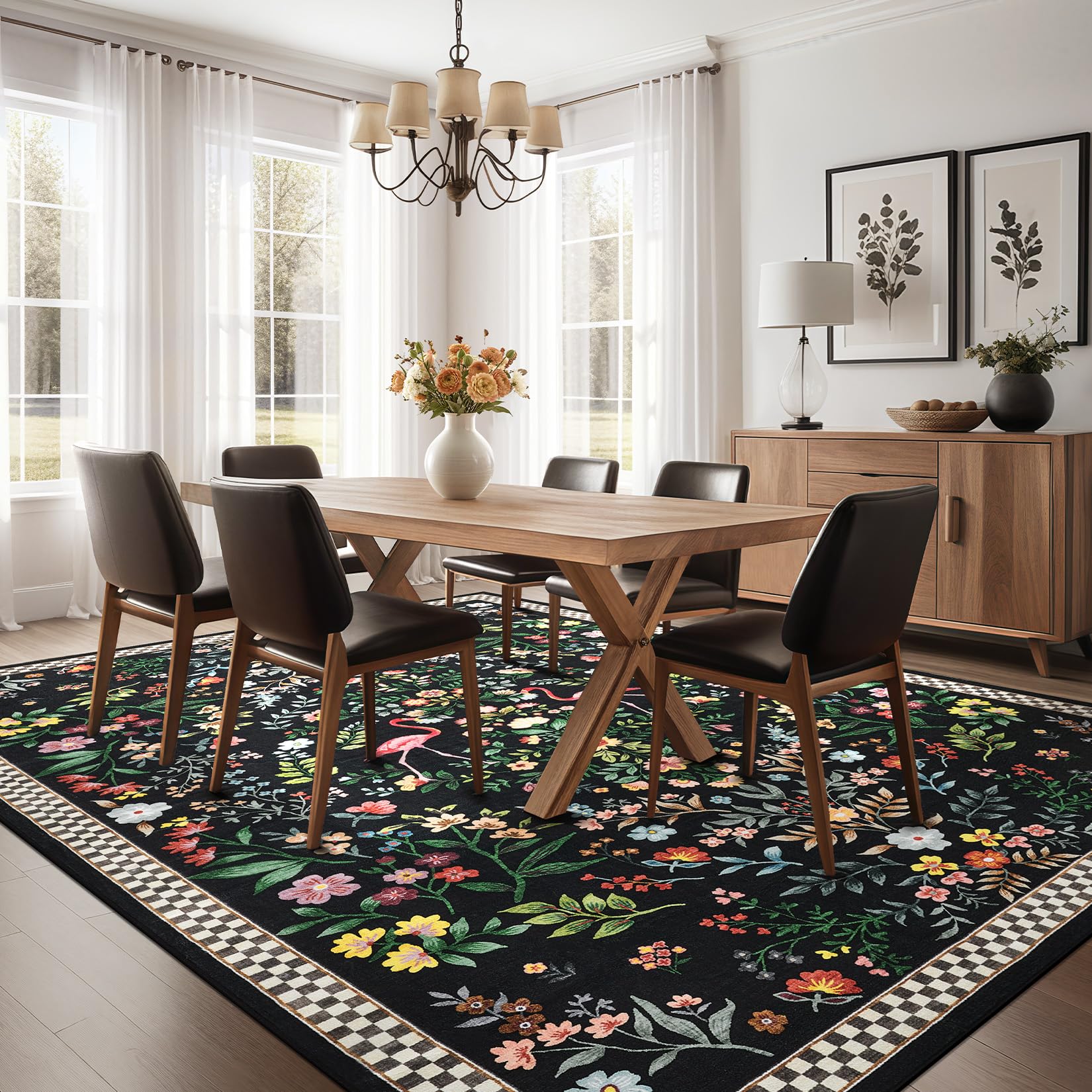 Area Rug Living Room Rugs: 5X7 Washable Large Floral Low Pile Rug Non Slip Backing Indoor Floor Throw Carpet for Bedroom Kitchen Dining Room Playroom Office, Black