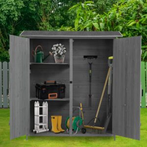 Elegant Wooden Garden Shed, Lockable Door, Detachable Shelves, Pitch Roof Design, 56" L x 19.5" W x 64" H Outdoor Storage Solution, Aqua Grey