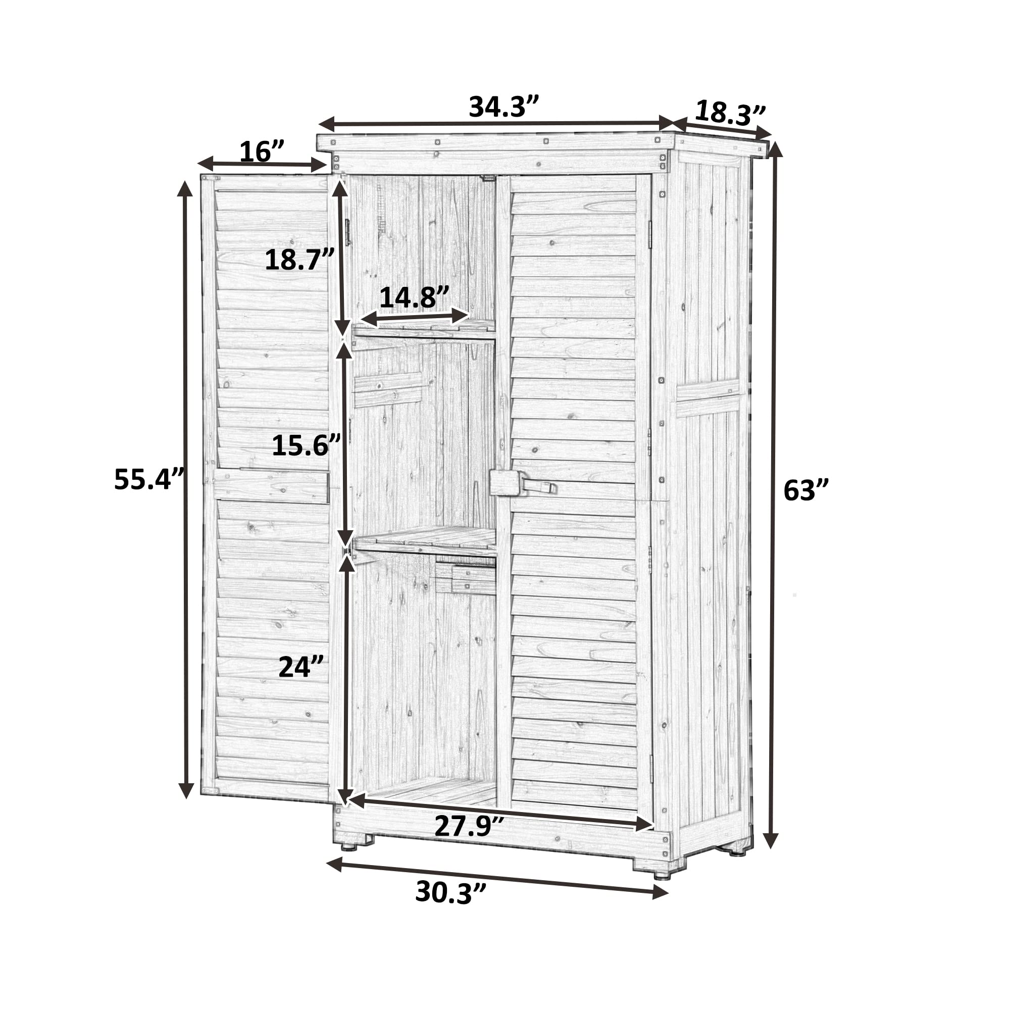 Gray Wooden Outdoor Organizer Lockable Cabinet 3-Tier Storage Solution Ideal Patio Storage Weatherproof Fir Wood Shutter Design