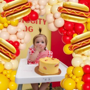 Woaipati Cute Hot Dog Balloon Garland Arch Kit，151PCS Red and Yellow Balloons, Creative Theme for Baby Shower Gender Reveal Boy Girl Birthday Cookout Fast Food Snacks Themed Party Decorations