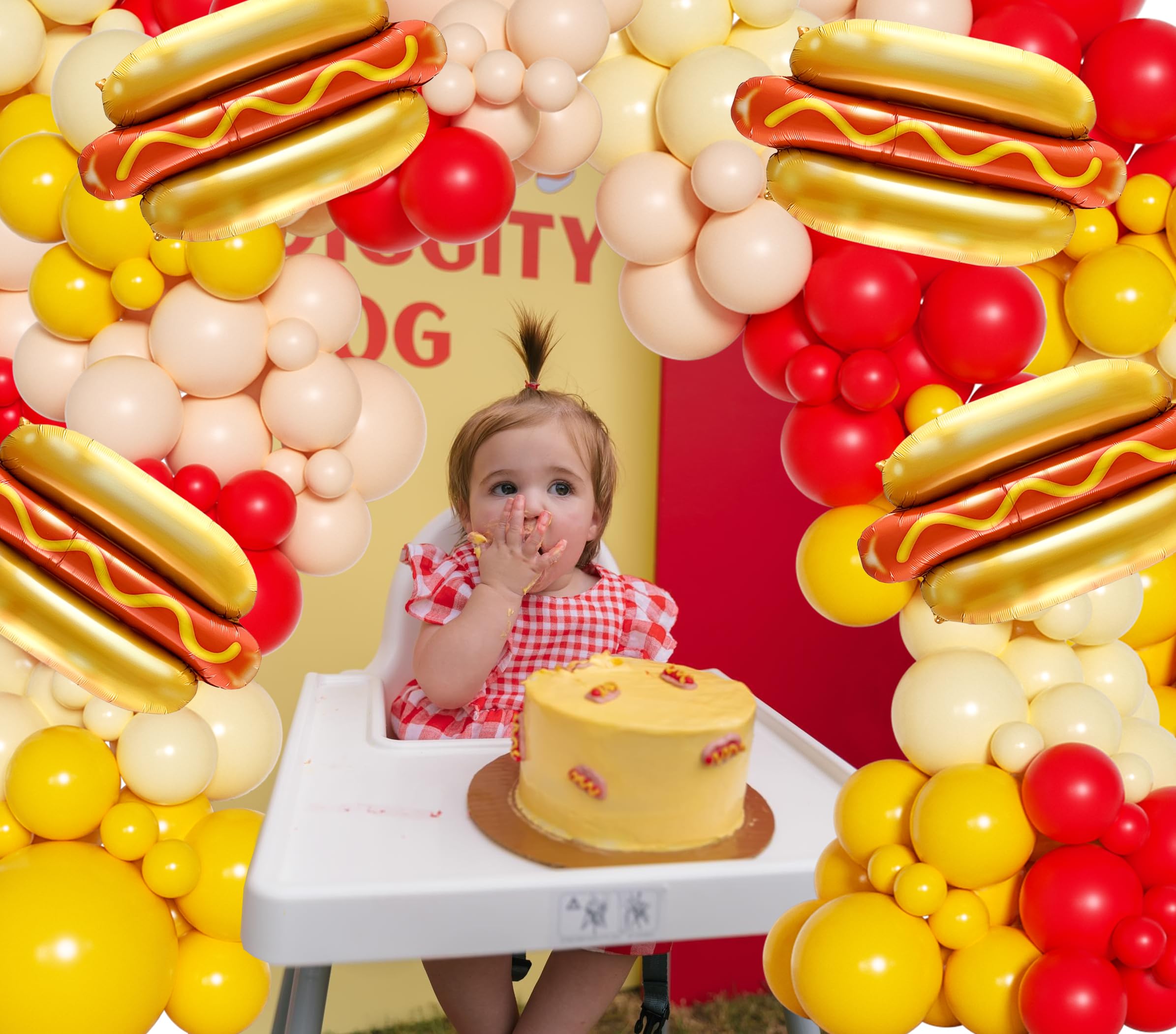 Woaipati Cute Hot Dog Balloon Garland Arch Kit，151PCS Red and Yellow Balloons, Creative Theme for Baby Shower Gender Reveal Boy Girl Birthday Cookout Fast Food Snacks Themed Party Decorations