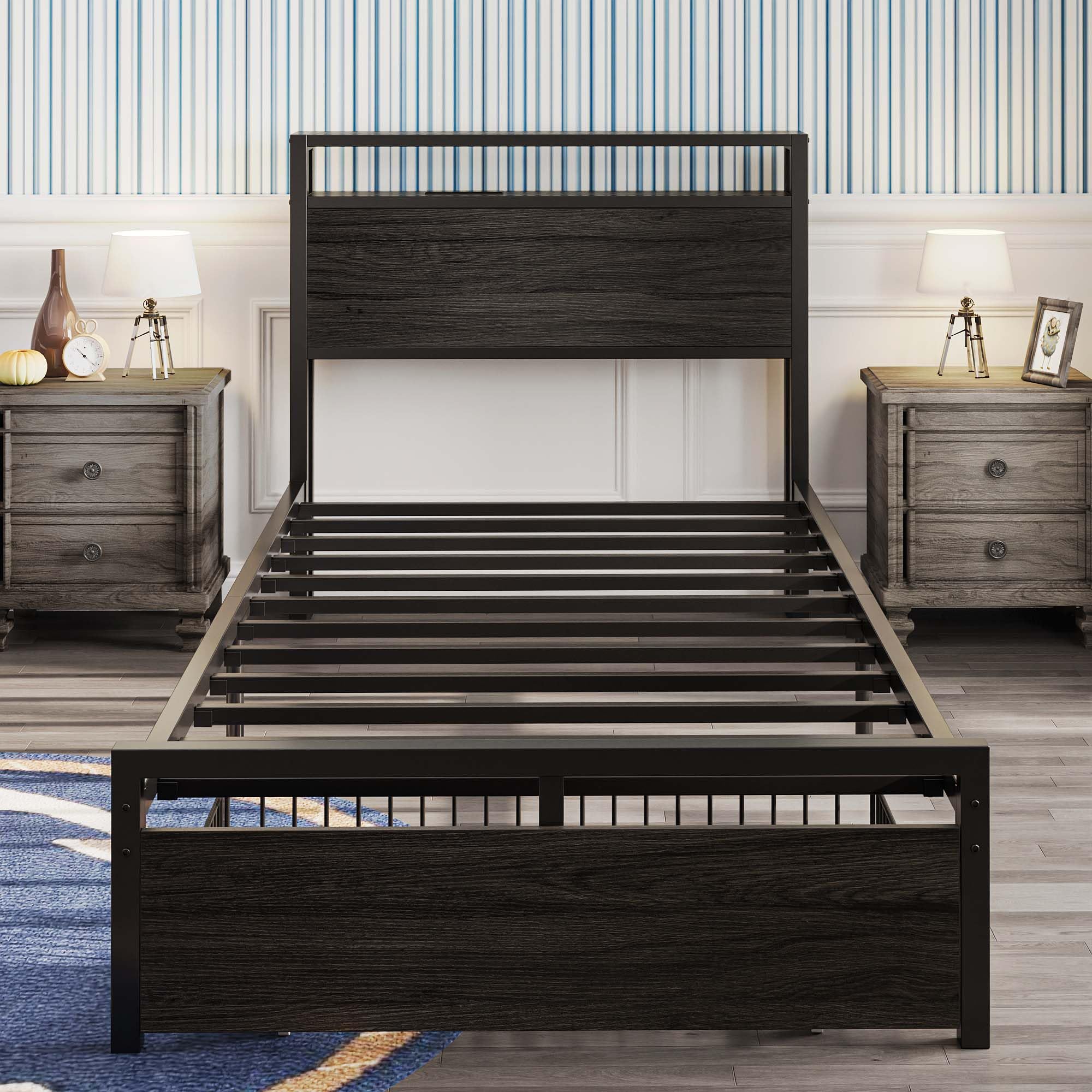 LIKIMIO Twin XL Bed Frames with Drawer, Storage Headboard with Outlets, No Box Spring Needed, Easy Assembly, Gray Black