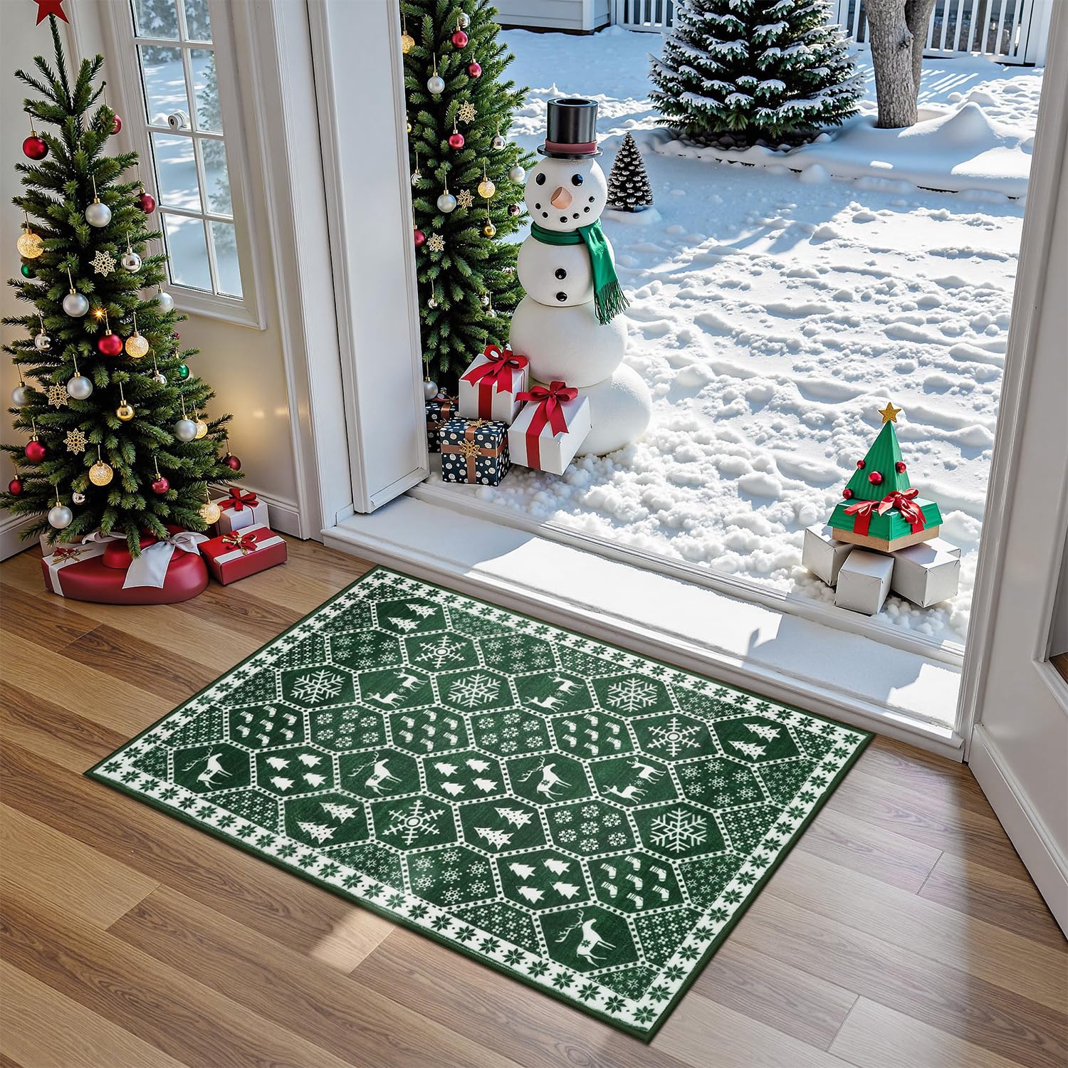 Seavish Christmas Front Door Mat 2x3 Green Bathroom Rug Low Pile Kitchen Rugs Non Slip Xmas Throw Rugs with Rubber Backing Washable Indoor Doormat Small Soft Decor Rugs for Entryway Porch Bedroom