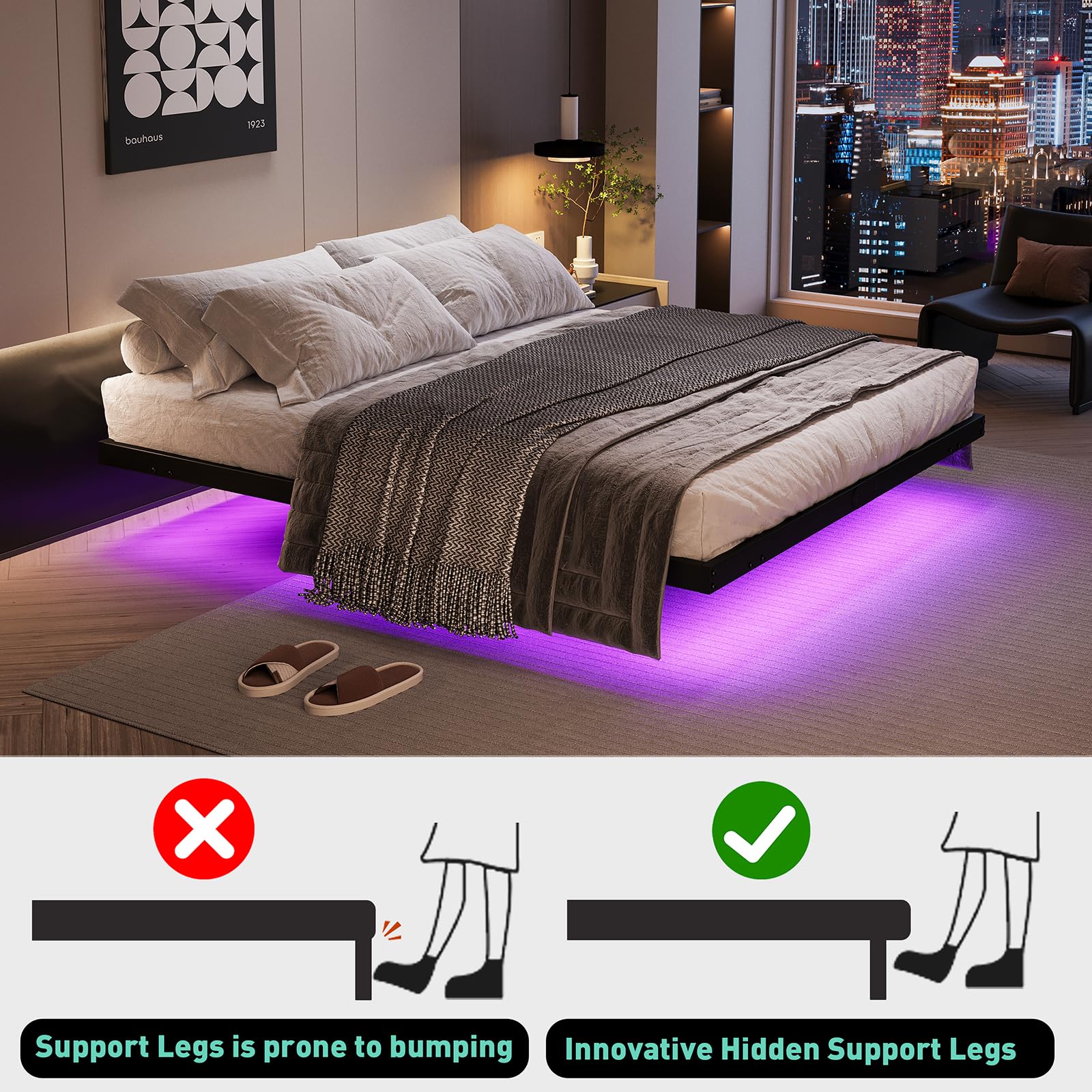 AGXI Floating Bed Frame Full Size with LED Lights and Charging Station, 14 Inch Floating Bed Frame Full- Modern Full Size Bed Frame Easy Assembly No Box Spring Needed