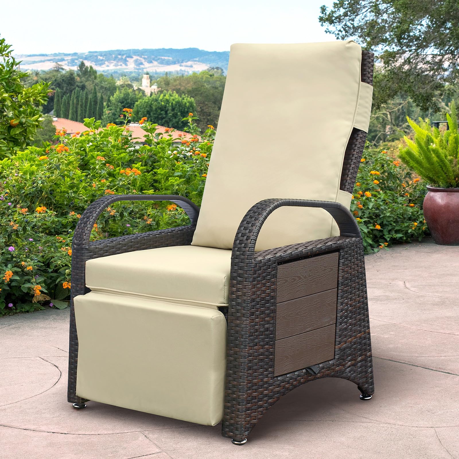 ATR ART TO REAL Indoor & Outdoor Recliner with Headrest and Flip Table, All-Weather PE Wicker Patio Reclining Lounge Chair, Adjustable Backrest, Footrest Removable Cushion (One Chair - Khaki)