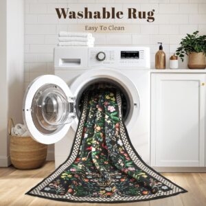 Area Rug Living Room Rugs: 5X7 Washable Large Floral Low Pile Rug Non Slip Backing Indoor Floor Throw Carpet for Bedroom Kitchen Dining Room Playroom Office, Black