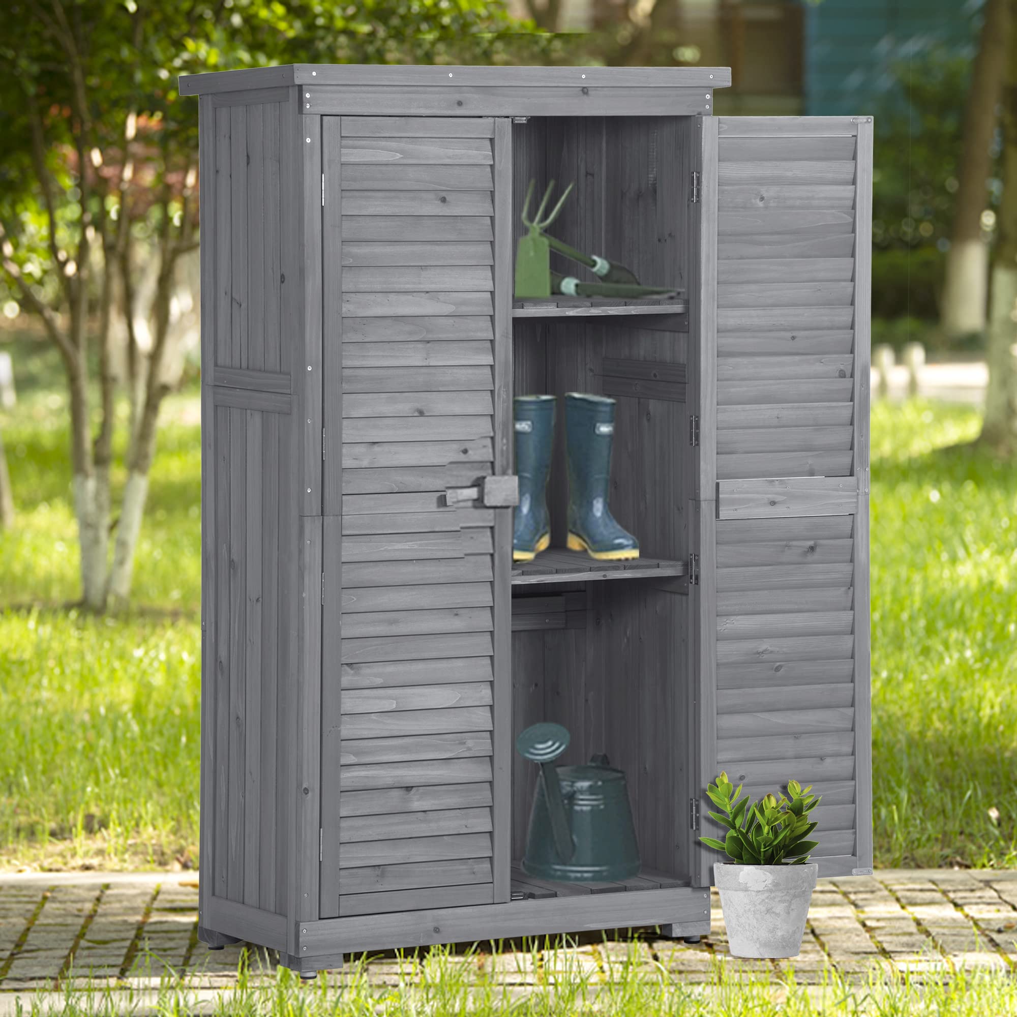 Gray Wooden Outdoor Organizer Lockable Cabinet 3-Tier Storage Solution Ideal Patio Storage Weatherproof Fir Wood Shutter Design