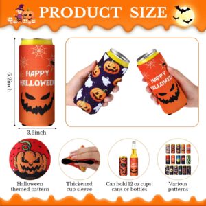 Pickmesh 16Pcs Halloween Slim Can Cooler Sleeves 12oz Skinny Halloween Can Cover Tall Neoprene Can Holder Pumpkin Bat Ghost Insulated Drink Cover for Beverage Can Bottle Adult Halloween Party Favors