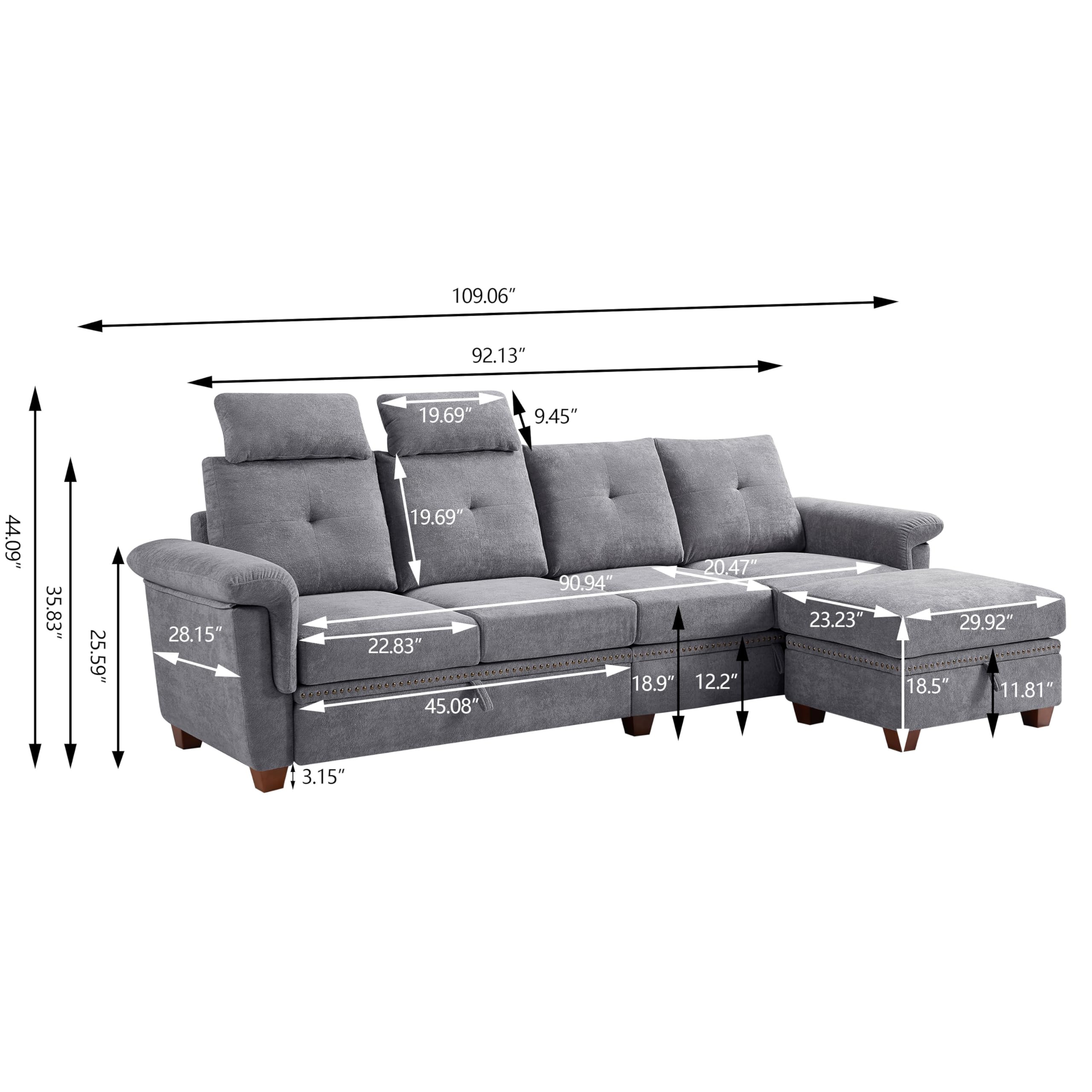 Convertible Sectional Sofa with Storage, 4 Seat L Shaped Couch High Head with Ottoman and Cup Holder, Modern Microfiber Fabric Sofas Couches for Living Room, Light Grey