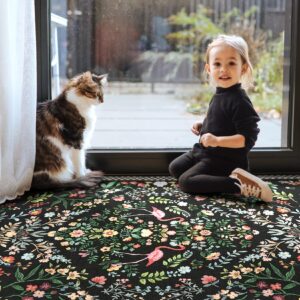 Area Rug Living Room Rugs: 5X7 Washable Large Floral Low Pile Rug Non Slip Backing Indoor Floor Throw Carpet for Bedroom Kitchen Dining Room Playroom Office, Black