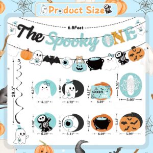 K KUMEED Blue Halloween Birthday Party Banner,The Spooky One Banner and Hanging Swirl Decorations Kit,Cute Ghost Pumpkin Bat Swirl Streamers for First Birthday Party Decorations Boys Girls