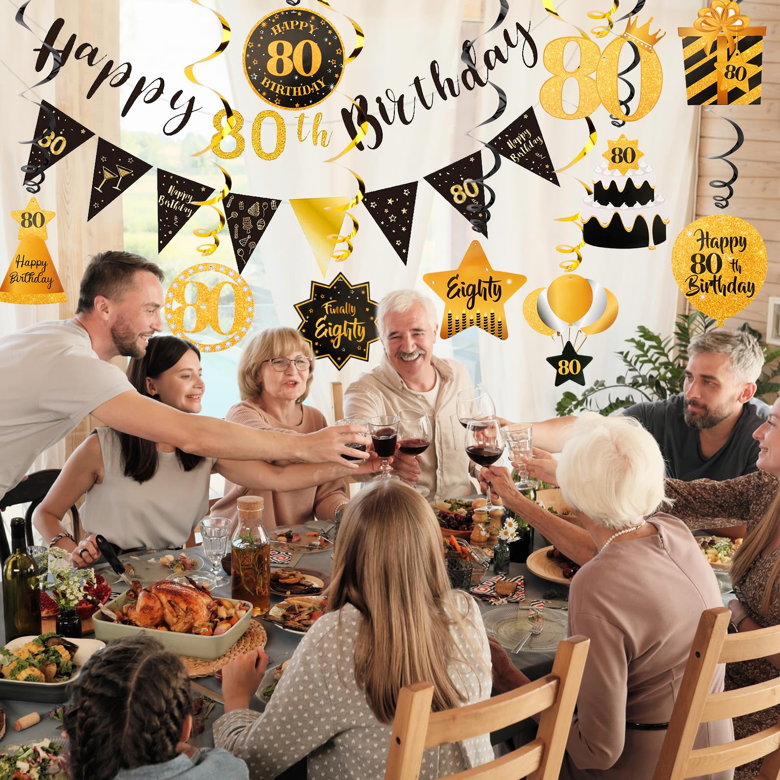 FASOTY 80th Birthday Decorations Black Gold 80th Birthday Decorations For Men Women Pre-assembled Happy 80th Birthday Banner Triangle Flag Glitter Hanging Swirls for 80th Birthday Party Birthday Party Decorations Supplies