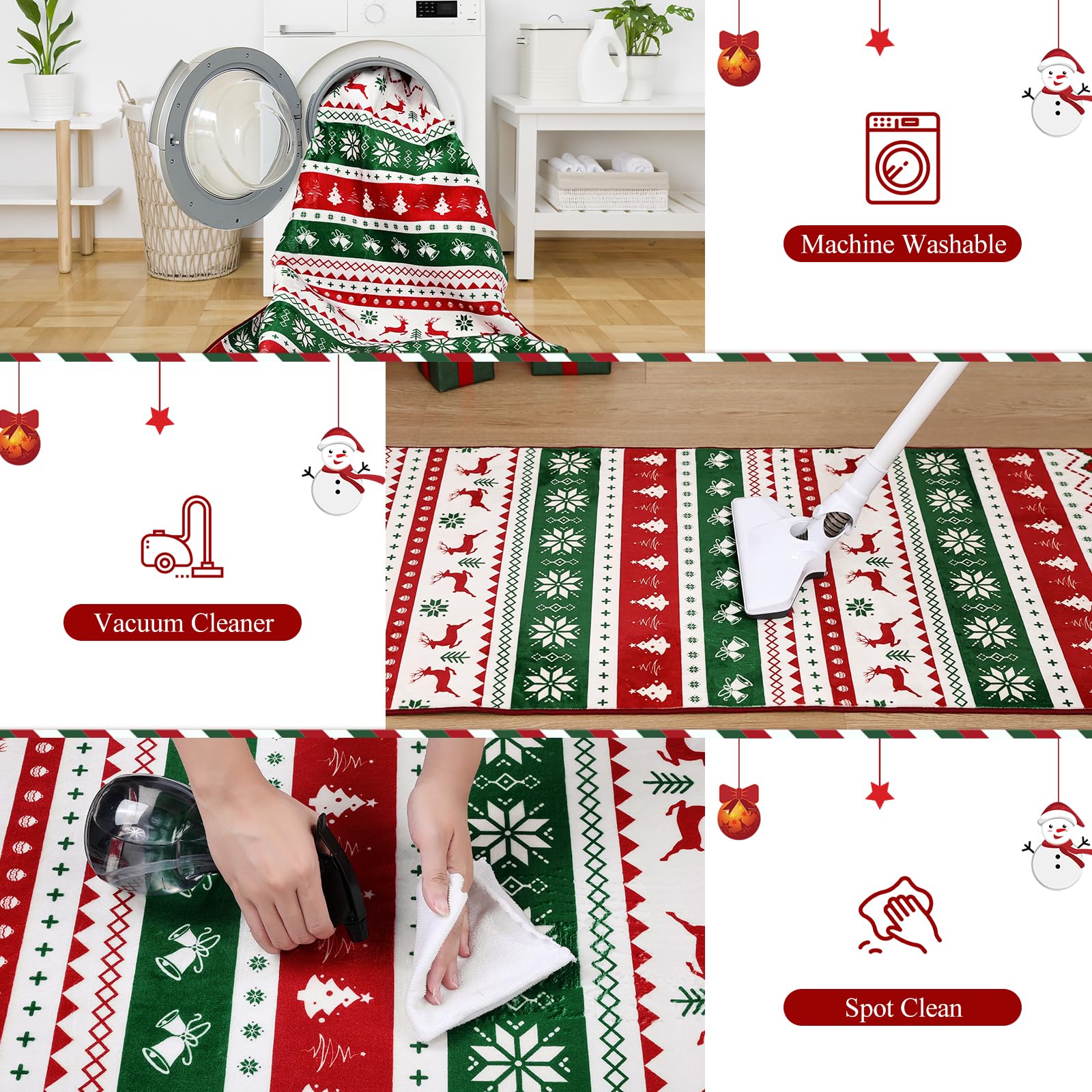 U'Artlines Christmas Washable Area Rug 5 X 7 ft Colorful Christmas Tree Deer Bell Laundry Rug Runner Non Slip Winter Soft Throw Rugs Carpet for Entryway Living Room Bedroom