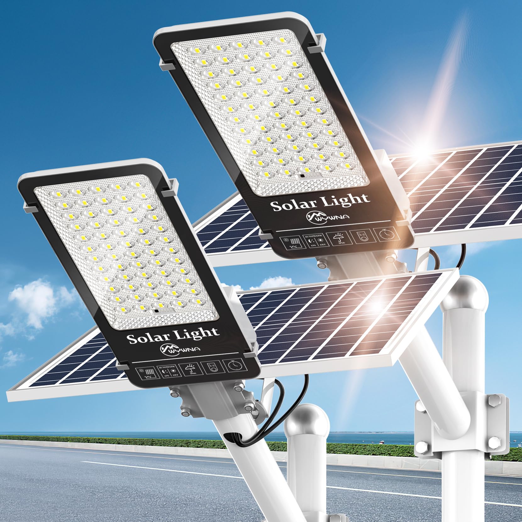 WYWNA 2Pack 6500W Solar Street Lights Outdoor Waterproof + 4 Pack Solar Lights Outdoor Waterproof