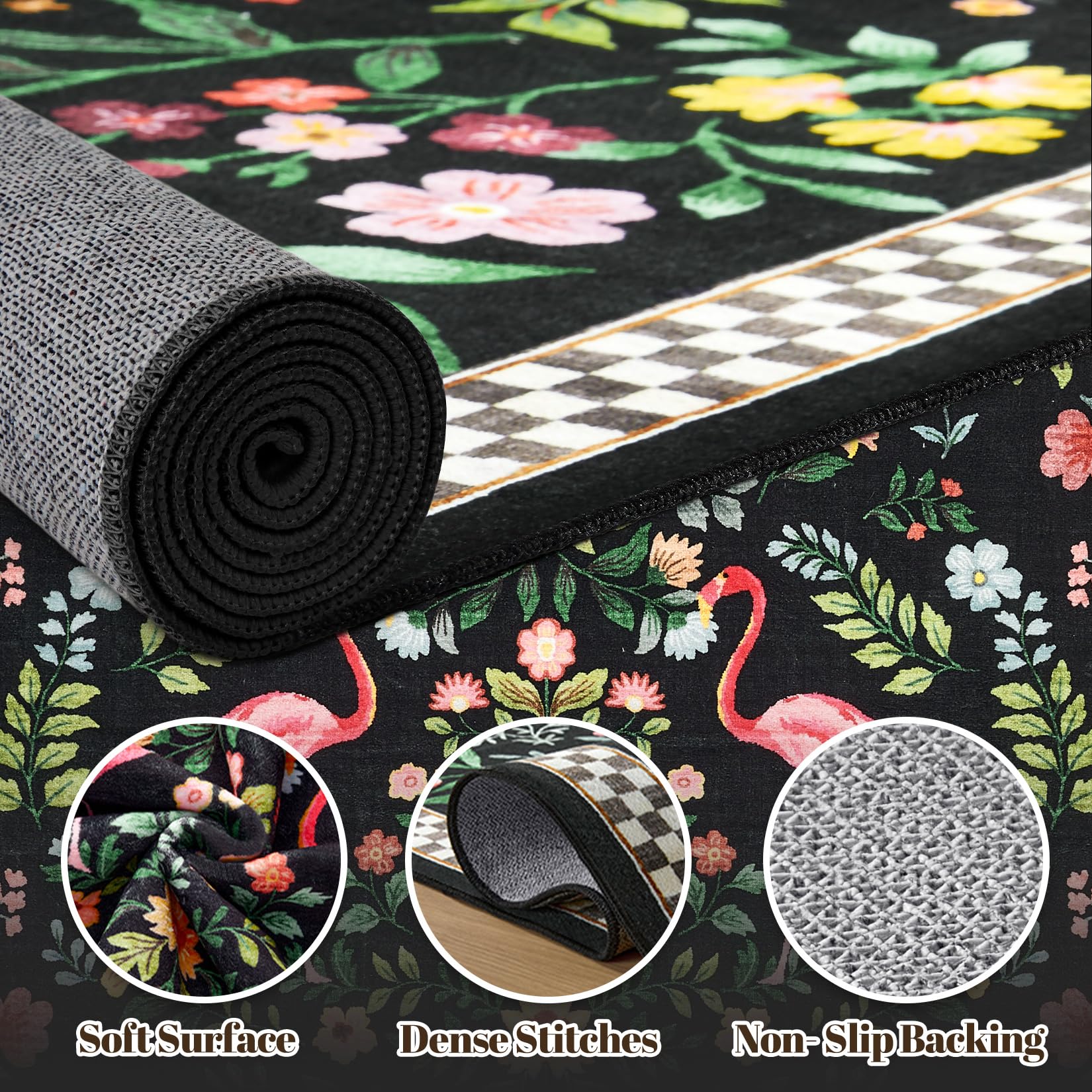 Area Rug Living Room Rugs: 5X7 Washable Large Floral Low Pile Rug Non Slip Backing Indoor Floor Throw Carpet for Bedroom Kitchen Dining Room Playroom Office, Black