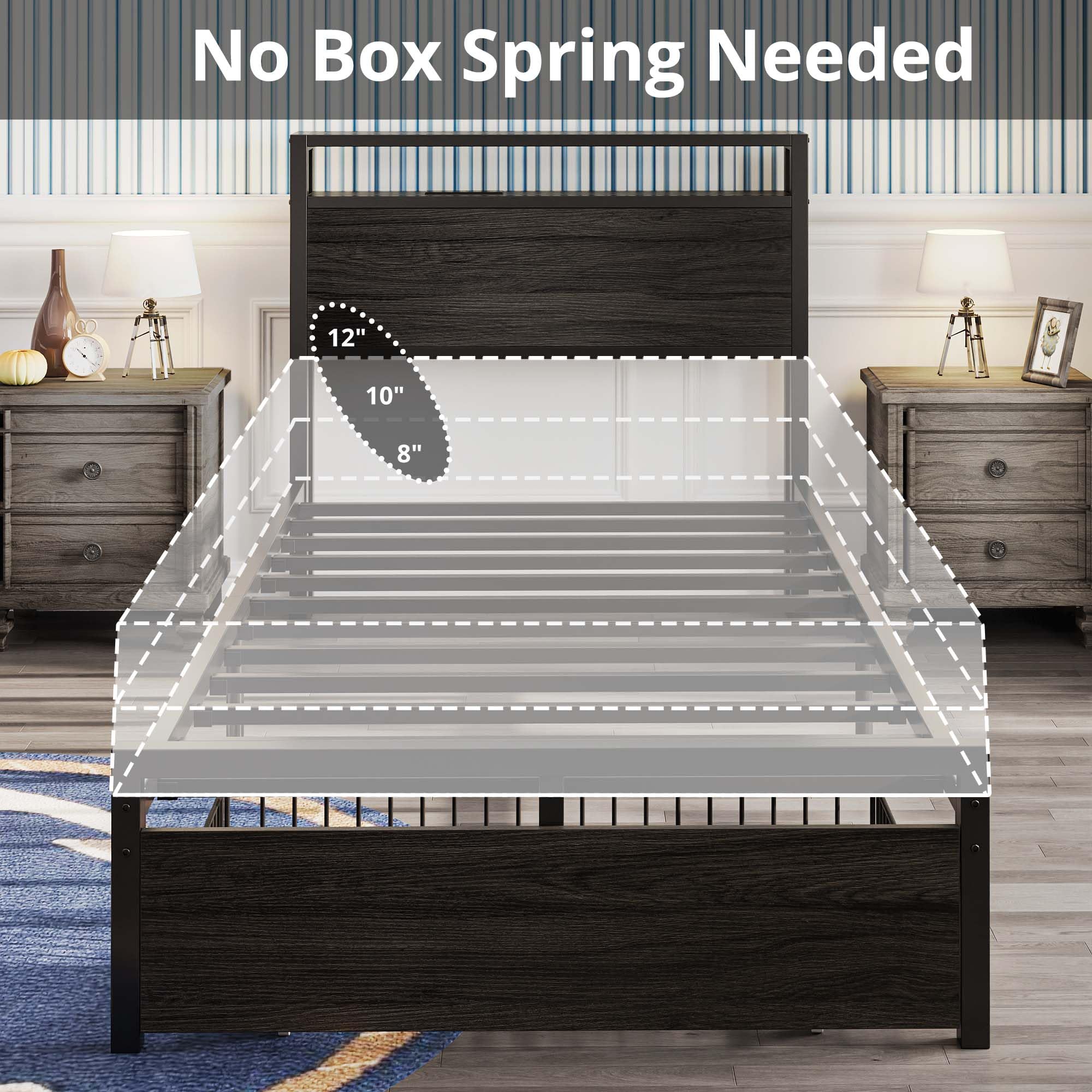 LIKIMIO Twin XL Bed Frames with Drawer, Storage Headboard with Outlets, No Box Spring Needed, Easy Assembly, Gray Black