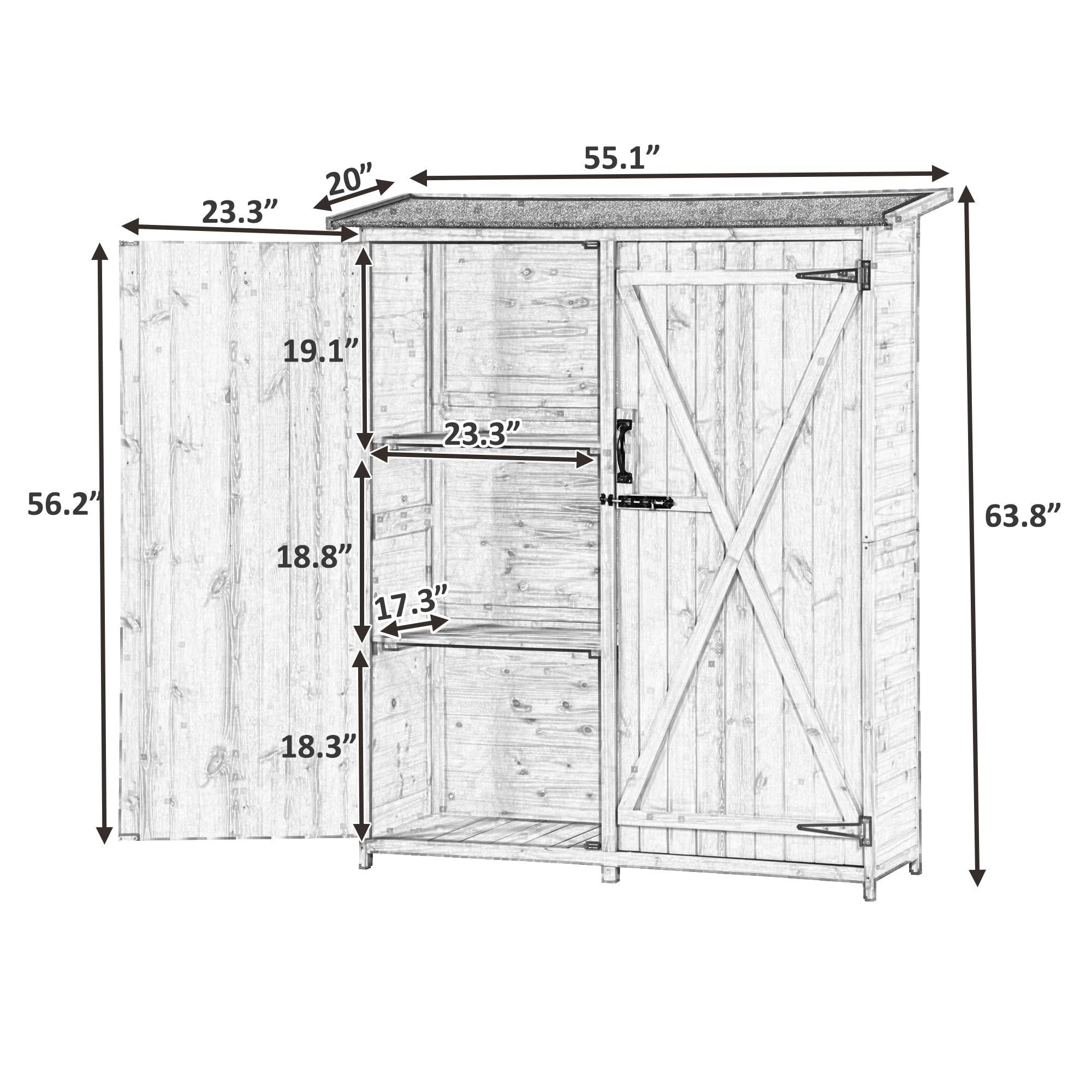 5.3ftHx4.6ftL Outdoor Wood Storage Shed Garden Storage Cabinet Waterproof Asphalt Roof Double Lockable Doors 3-Tier Shelves Gray