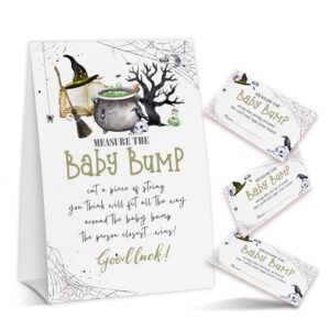 ziiufrn baby shower game card set, measure the baby bump baby shower game, halloween 1 sign and 50 cards, minimalist boy girl gender neutral baby shower supplies-a09