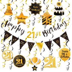 fasoty 21st birthday decorations black gold happy 21st birthday decorations for him pre-assembled 21st birthday banner triangle flag banner and glitter 21 hanging swirls 21st birthday party decorations set birthday party decorations supplies