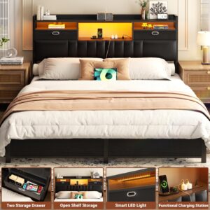 Unikito Queen Headboard with Drawer Storage and RGB LED Light, Queen Size Upholstered Headboard with Power Outlet and Bookcase, Stable Queen Headboard Only, for Bedroom/Dorm Room/Guest Room, Black