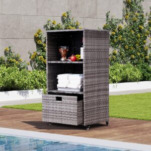 kinpaw pool towel rack outdoor storage cabinet - 49” high pool towel rack with with storage shelves & drawer & caters, patio wicker towel holder for pool area outside, hot tub, spa, gray