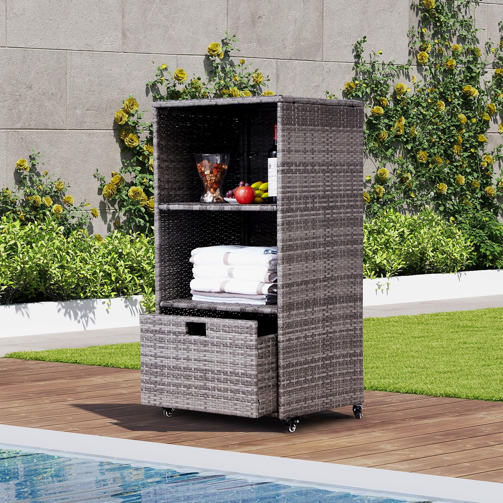 Kinpaw Pool Towel Rack Outdoor Storage Cabinet - 49” High Pool Towel Rack with with Storage Shelves & Drawer & Caters, Patio Wicker Towel Holder for Pool Area Outside, Hot Tub, Spa, Gray