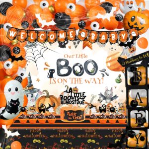 our little boo is on the way baby shower decorations,halloween baby shower decorations for boy kit backdrop backdrop banner cake cupcake topper tablecloth spider web for baby boy shower halloween