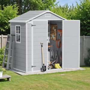 flamaker 6 x 4 ft outdoor storage shed, garden resin shed with floor, plastic tool shed with lockable door for backyard patio lawn pool