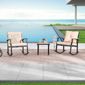 lokatse home 3 pcs patio bistro furniture outdoor wicker rocking chairs sets armchairs with cushion and metal coffee table for backyard deck lawn garden, khaki