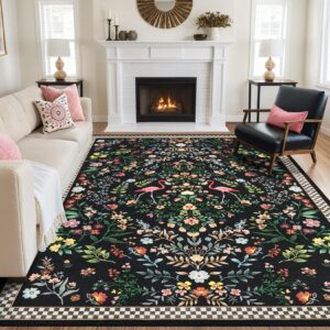 Area Rug Living Room Rugs: 5X7 Washable Large Floral Low Pile Rug Non Slip Backing Indoor Floor Throw Carpet for Bedroom Kitchen Dining Room Playroom Office, Black