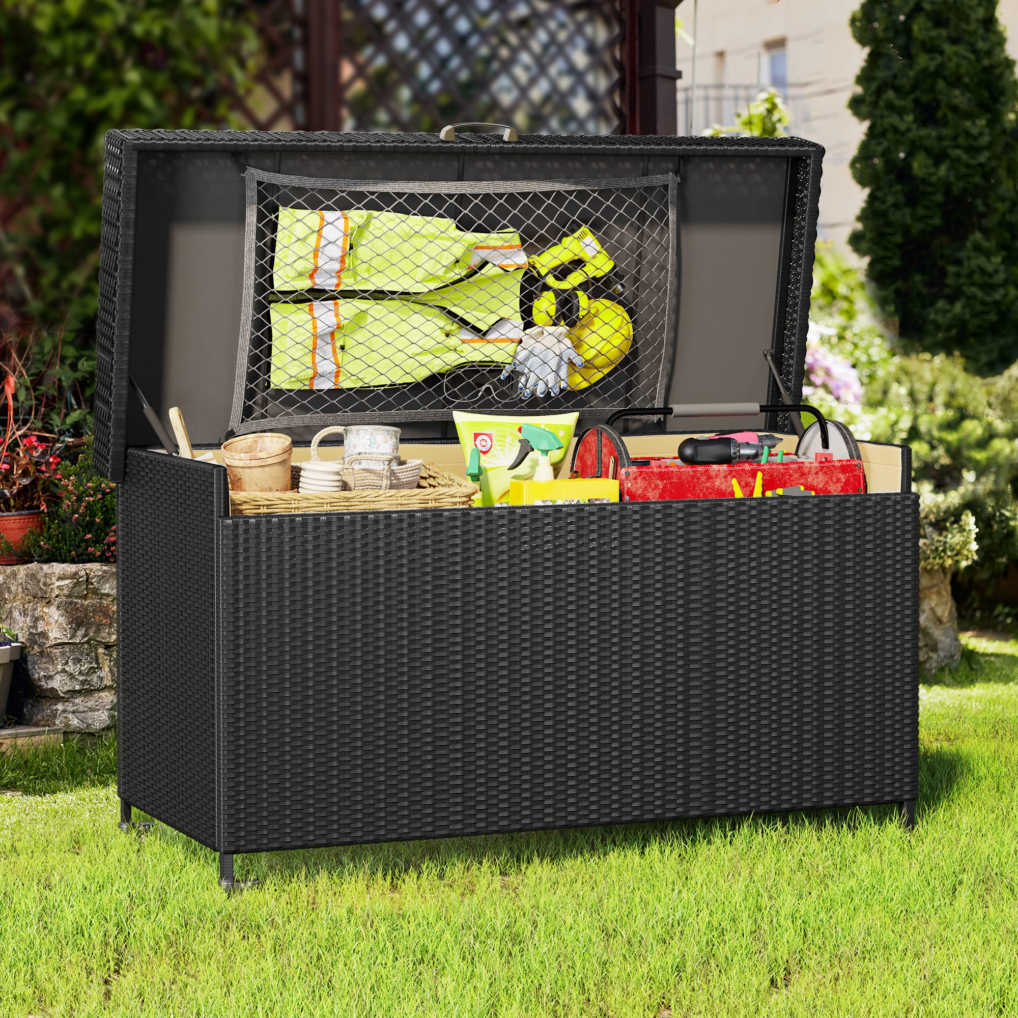 YITAHOME 200 Gallon Large Wicker Deck Box w/Storage Net, Rattan XL Outdoor Storage Box Patio Cushion Storage, Waterproof Storage Box for Patio Furniture, Garden Tools, Pool Sports Equipment (Black)