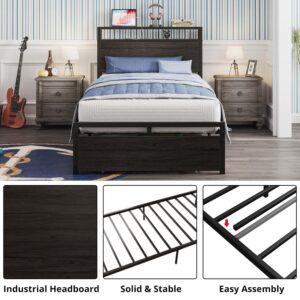 LIKIMIO Twin XL Bed Frames with Drawer, Storage Headboard with Outlets, No Box Spring Needed, Easy Assembly, Gray Black