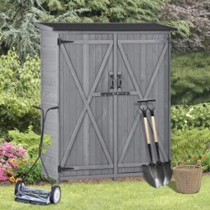 5.3ftHx4.6ftL Outdoor Wood Storage Shed Garden Storage Cabinet Waterproof Asphalt Roof Double Lockable Doors 3-Tier Shelves Gray