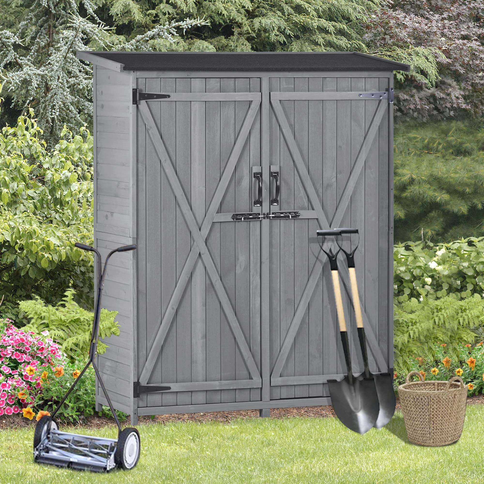 5.3ftHx4.6ftL Outdoor Wood Storage Shed Garden Storage Cabinet Waterproof Asphalt Roof Double Lockable Doors 3-Tier Shelves Gray