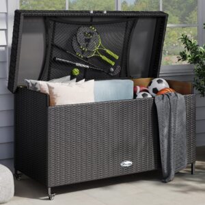 yitahome 200 gallon large wicker deck box w/storage net, rattan xl outdoor storage box patio cushion storage, waterproof storage box for patio furniture, garden tools, pool sports equipment (black)