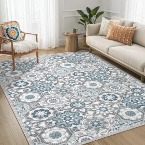 micgeek 5x8 area rugs for living room - washable large bohemian low pile stain resistant floral rug soft non slip neutral indoor floor rugs for bedroom kitchen dining room home office,grey/blue