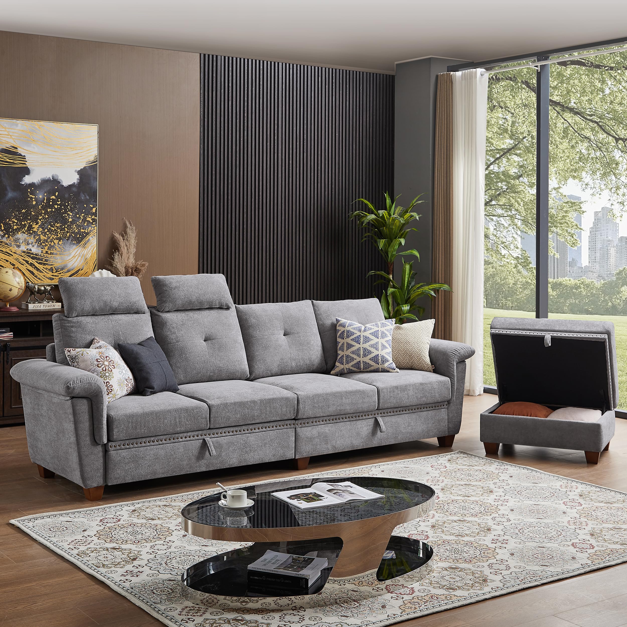 Convertible Sectional Sofa with Storage, 4 Seat L Shaped Couch High Head with Ottoman and Cup Holder, Modern Microfiber Fabric Sofas Couches for Living Room, Light Grey