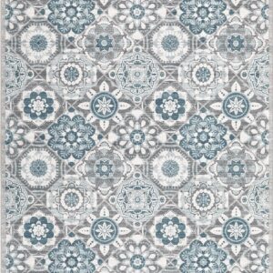 Micgeek 5X8 Area Rugs for Living Room - Washable Large Bohemian Low Pile Stain Resistant Floral Rug Soft Non Slip Neutral Indoor Floor Rugs for Bedroom Kitchen Dining Room Home Office,Grey/Blue