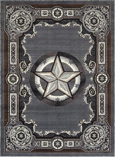 champion rugs Premium 3D Effect Hand Carved Thick Modern Cowboy Lodge Texas Star Grey Traditional Area Rug (5' 3" X 7' 5")