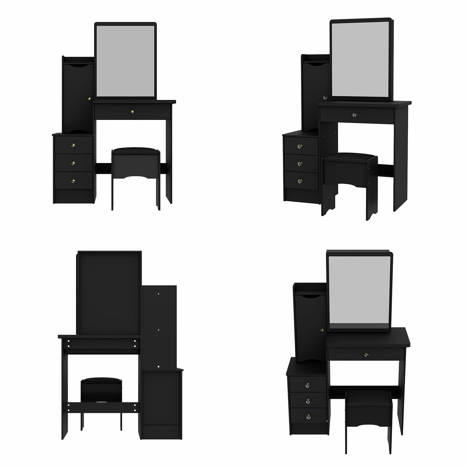 ROMSHINE Small Vanity Desk with Mirror, Makeup Vanity with Shelves & 4 Drawers, Vanity Table Set for Bedroom, Sliding Mirror, Cushioned Stool, Space-Saving, Black, 35.2”W x 15.7”D x 52.4”H