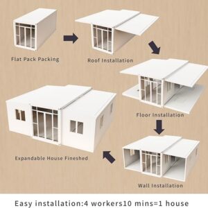 Portable Prefab House to Live in,19x20ft Expandable Tiny Container House with 2 Bedroom,1 Bathroom,1 Kitchen and 1 Living Room,Steel Frame Prefabricated Mobile Tiny Home for Hotel,Villa,Office