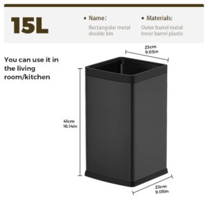 YOJIA 4 Gallon/15L Square Trash bin, Double Layer Bathroom Trash cans,Large Capacity,Elegant Garbage Can, for Home,Kitchen,Office,Hotel(15L Black)