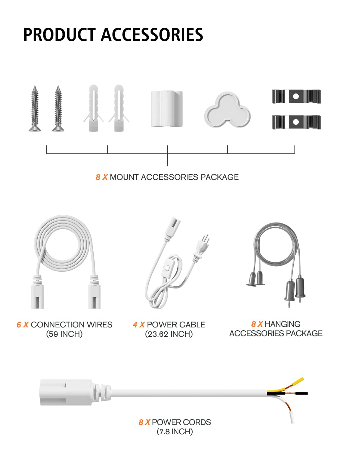 ONLYLUX 8 Pack 4FT Linkable LED Shop Light for Garage, Workshops, 6500K Cool Daylight 50W (300w Equivalent), Plug and Play, Hanging or Surface Mount, with Power Cord and On/Off Switch, ETL Certified