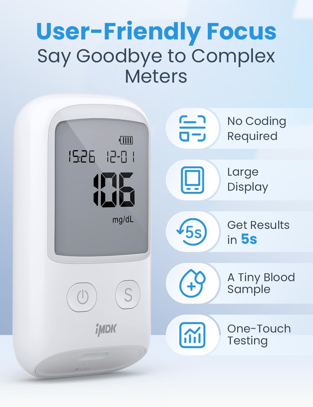 IMDK GLU-T1 Blood Glucose Test Strips for use with IMDK Diabetes Sugar Testing Meter (No Coding Required, 100 Count) White