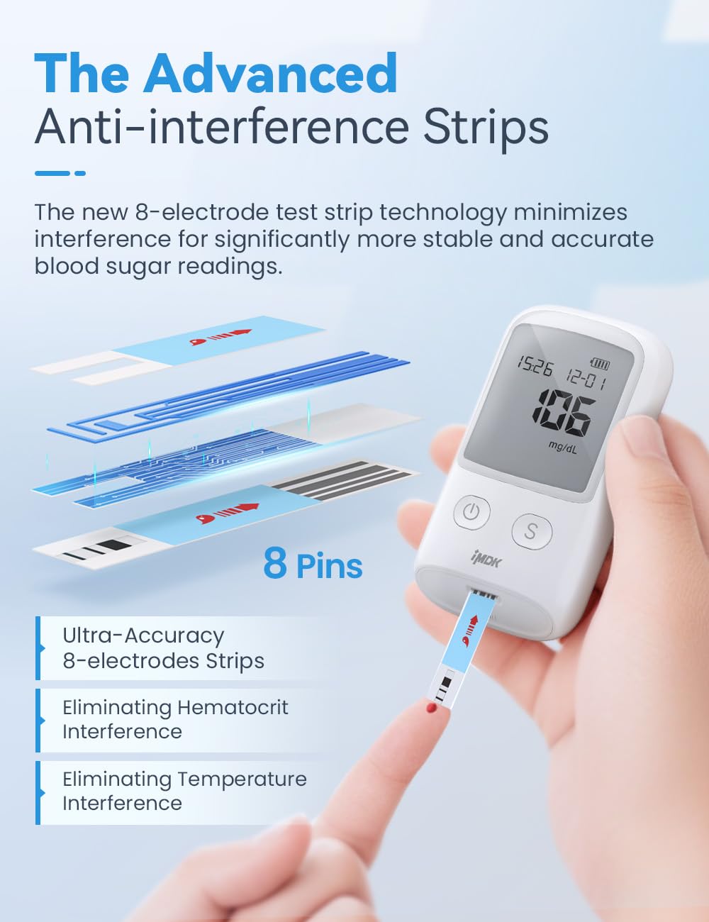 IMDK GLU-T1 Blood Glucose Test Strips for use with IMDK Diabetes Sugar Testing Meter (No Coding Required, 100 Count) White