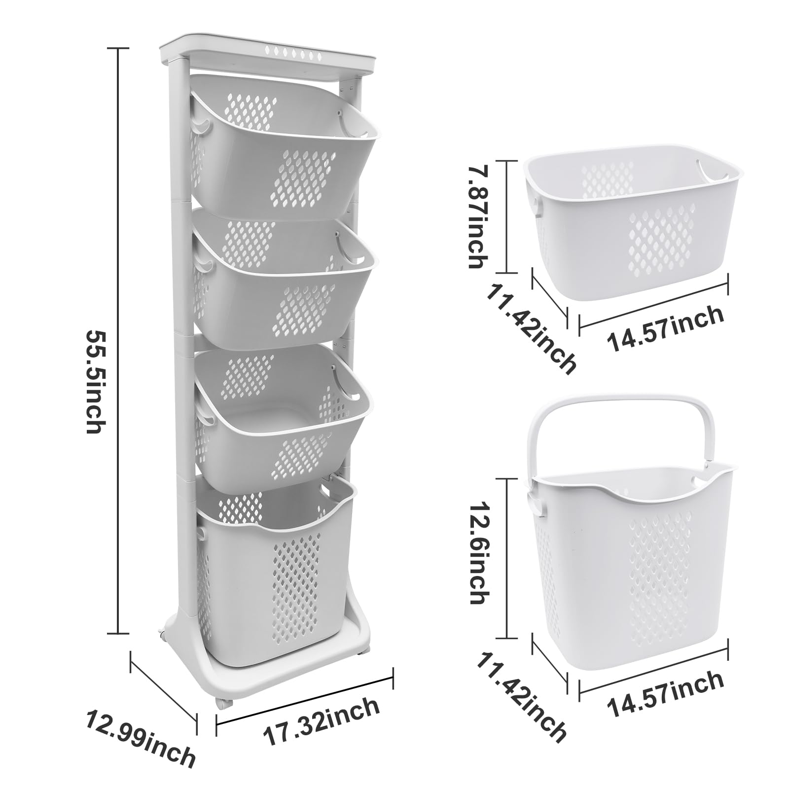 BAOKALER 4-Tier Laundry Hamper Sorter, Laundry Storage Organizer with Wheels Removable Rolling Laundry Baskets, Bathroom Cart for Dirty Clothes