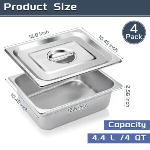 NDSWKR 4 Pack 1/2 Size Half Size Hotel Pan with Lid, 2.5 Inch Deep Stainless Steel Steam Table Pans, Anti-Jam Chafing Pan for Party, Hotel, Restaurant, Cafeterias, Buffet