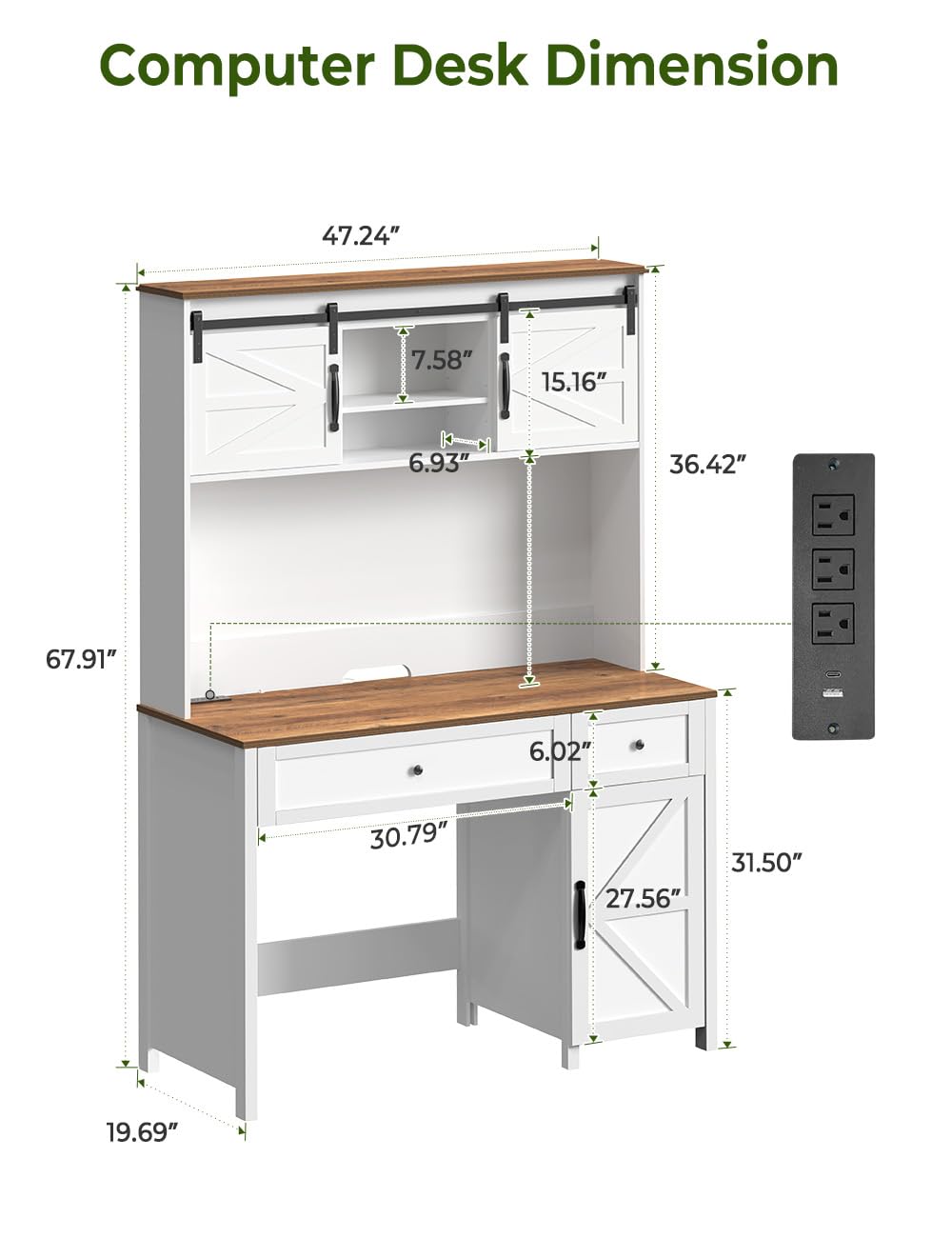 Tatub 47" Farmhouse Desk with Drawers & Power Outlet, White Executive Desk with Storage & Sliding Door Lockers, Computer Desk with Hutch and Drawers, Rustic Brown